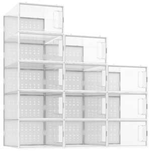 pinkpum shoe organizer storage boxes for closet, clear plastic stackable sneaker storage containers bins with lids, clear shoe case containers,white, 12 pack