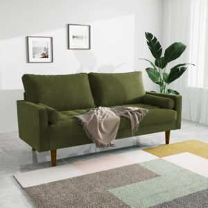 meeyar 70 inch velvet sofa, comfy 3 seater loveseat sofa couch with tufted seat, mid-century modern upholstered with two throw pillows, couches for living room, bedroom, apartment, olive green