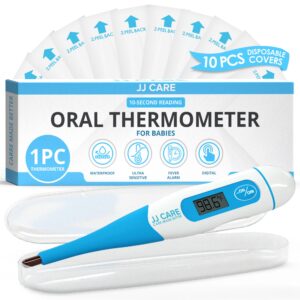 jj care oral thermometer with lcd display, calibrated oral thermometer for babies and adults, 10 seconds fast reading oral digital thermometer for fever with 10 disposable covers