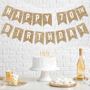 Pre-Strung Happy 70th Birthday Banner - NO DIY - Gold Glitter 70th Birthday Party Banner For Men & Women - Pre-Strung Garland on 6 ft Strands - Gold Birthday Party Decorations & Decor. Did we mention