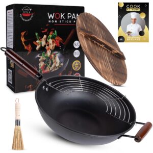 küchenmeister 12.5-inch carbon steel wok pan with lid, brush, oil strainer - flat bottom woks & stir fry pans nonstick for induction, electric, gas, halogen stoves