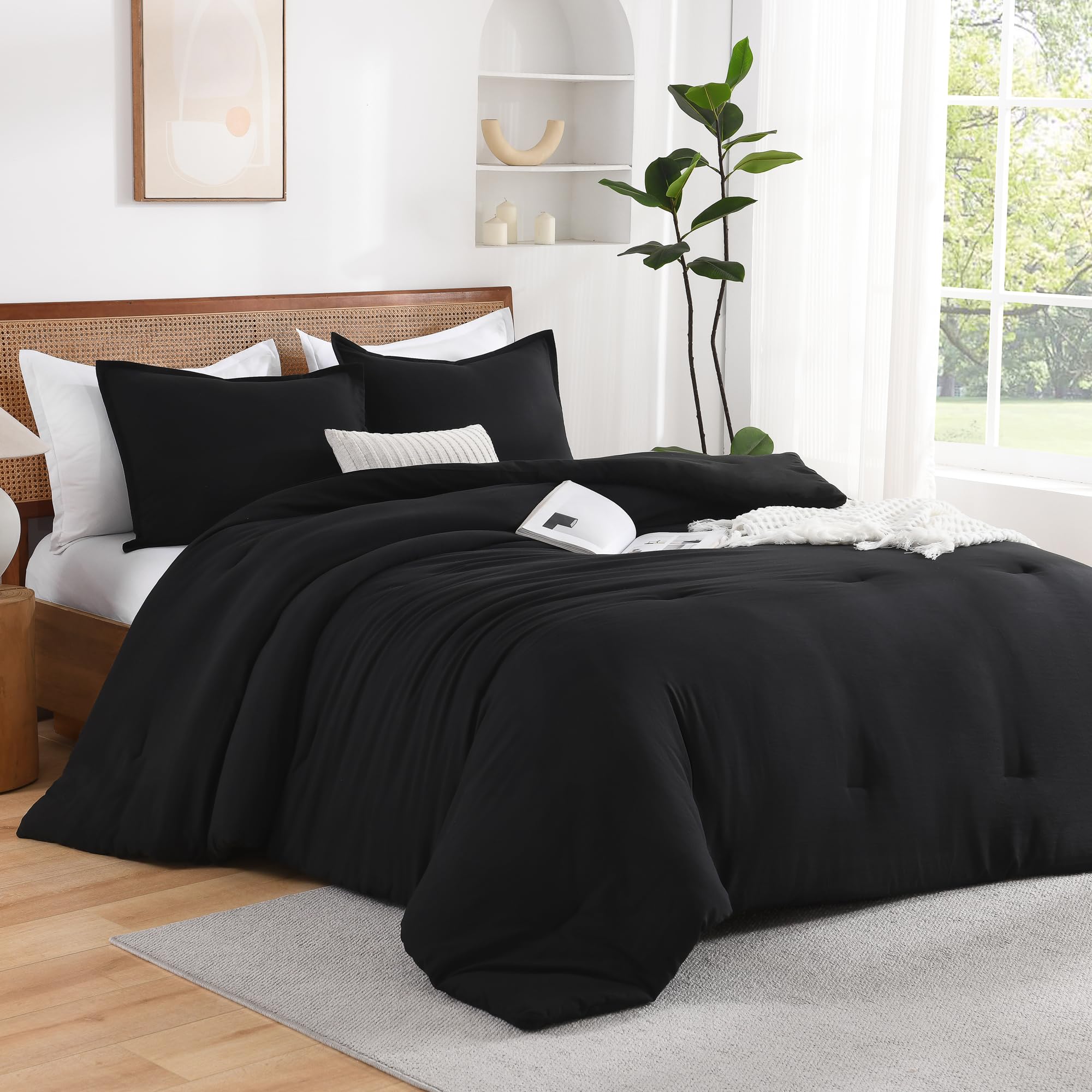 Andency Black Full Size Comforter Set, 3 Pieces Fluffy Solid Bedding Comforters & Sets, All Season Soft Lightweight Microfiber Bed Blanket Set for Kids Teens Boys