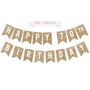 pre-strung happy 70th birthday banner - no diy - gold glitter 70th birthday party banner for men & women - pre-strung garland on 6 ft strands - gold birthday party decorations & decor. did we mention