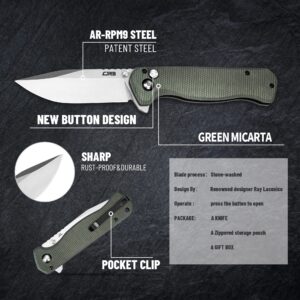 CJRB CUTLERY Folding Pocket Knife Chord(J1927) Flipper Button Lock EDC Gentleman Knife with AR-RPM9 Steel Blade and Green Micarta Handle Foldable Outdoor Carry for Men Women Gift