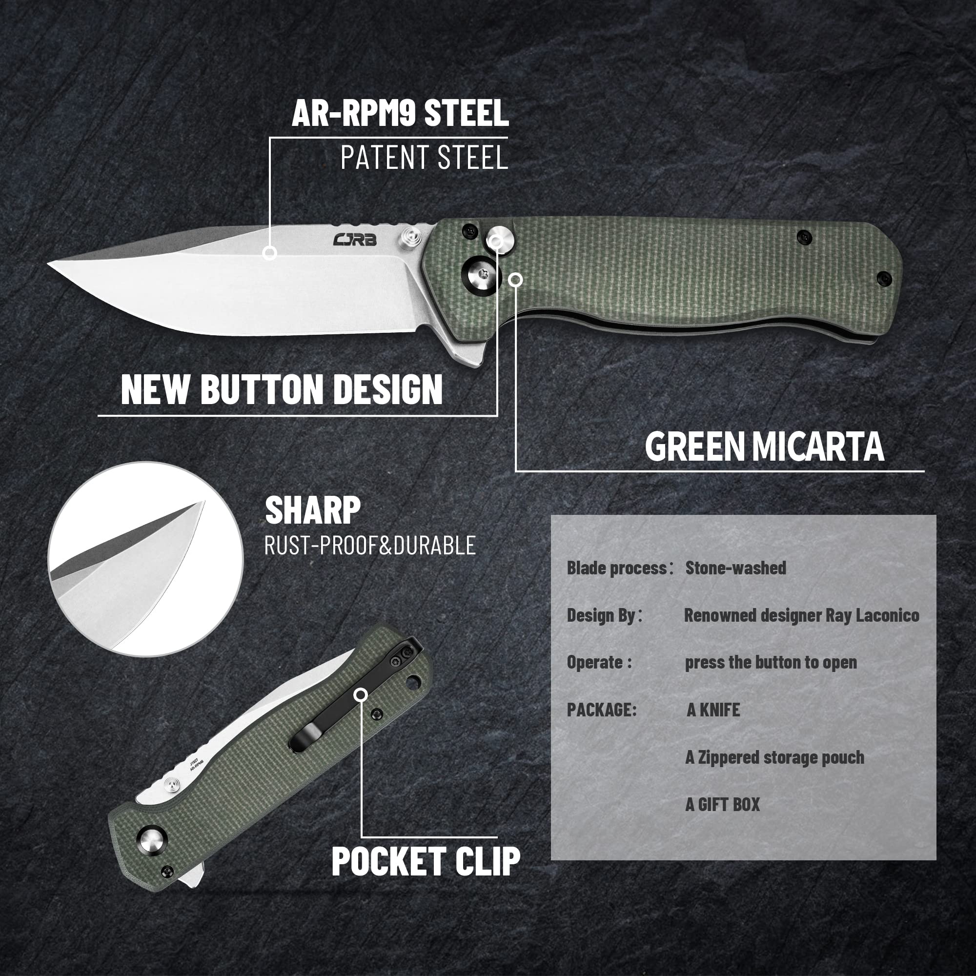 CJRB CUTLERY Folding Pocket Knife Chord(J1927) Flipper Button Lock EDC Gentleman Knife with AR-RPM9 Steel Blade and Green Micarta Handle Foldable Outdoor Carry for Men Women Gift