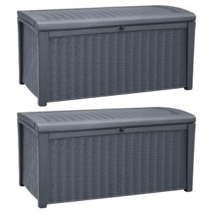 keter borneo 110 gallon all weather weatherproof rattan wicker resin outdoor patio porch garden deck organization storage box bench, grey (2 pack)