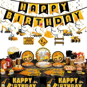 ctosree 179 pieces construction birthday party supplies dump truck party decorations for boys kids included banner tablecloth hanging swirls plates cups napkins forks spoons knife tableware set for 24