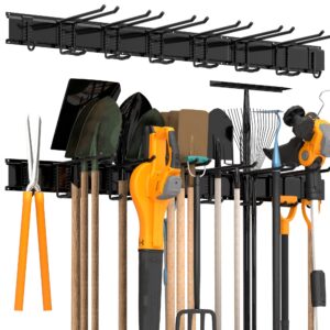 sttoraboks garage tool storage rack, heavy duty garage storage organizer rack system,wall mounted tool with 8 double hooks, 3 rails, garden yard tools hanger rack for ski gears,broom, rake,shovel