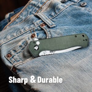 CJRB CUTLERY Folding Pocket Knife Chord(J1927) Flipper Button Lock EDC Gentleman Knife with AR-RPM9 Steel Blade and Green Micarta Handle Foldable Outdoor Carry for Men Women Gift