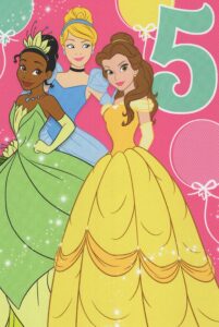 princess happy 5th fifth birthday card (age 5) featuring belle, cinderella, and tiana - hope your special day is filled with sweet dreams and happy endings