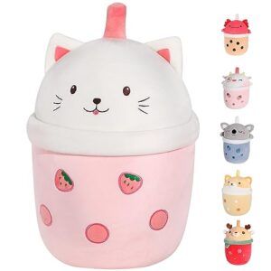 mmguai 14 inch cute big boba tea strawberry cat plush soft hugging pillow,large pink pearl milk tea stuffed animals toy room decor,gifts for kids girls birthday, christmas