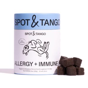 spot & tango allergy + immune supplement for dogs | vet-approved for itchy skin & allergy relief | wild alaskan salmon oil, omega-3, primrose oil, biotin | real strawberry & blueberry flavor, 56 count