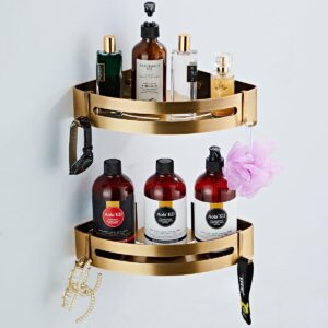 bathroom corner shelf 2-pack shower caddy kitchen organizer wall mounted shampoo holder with hooks antique brass color