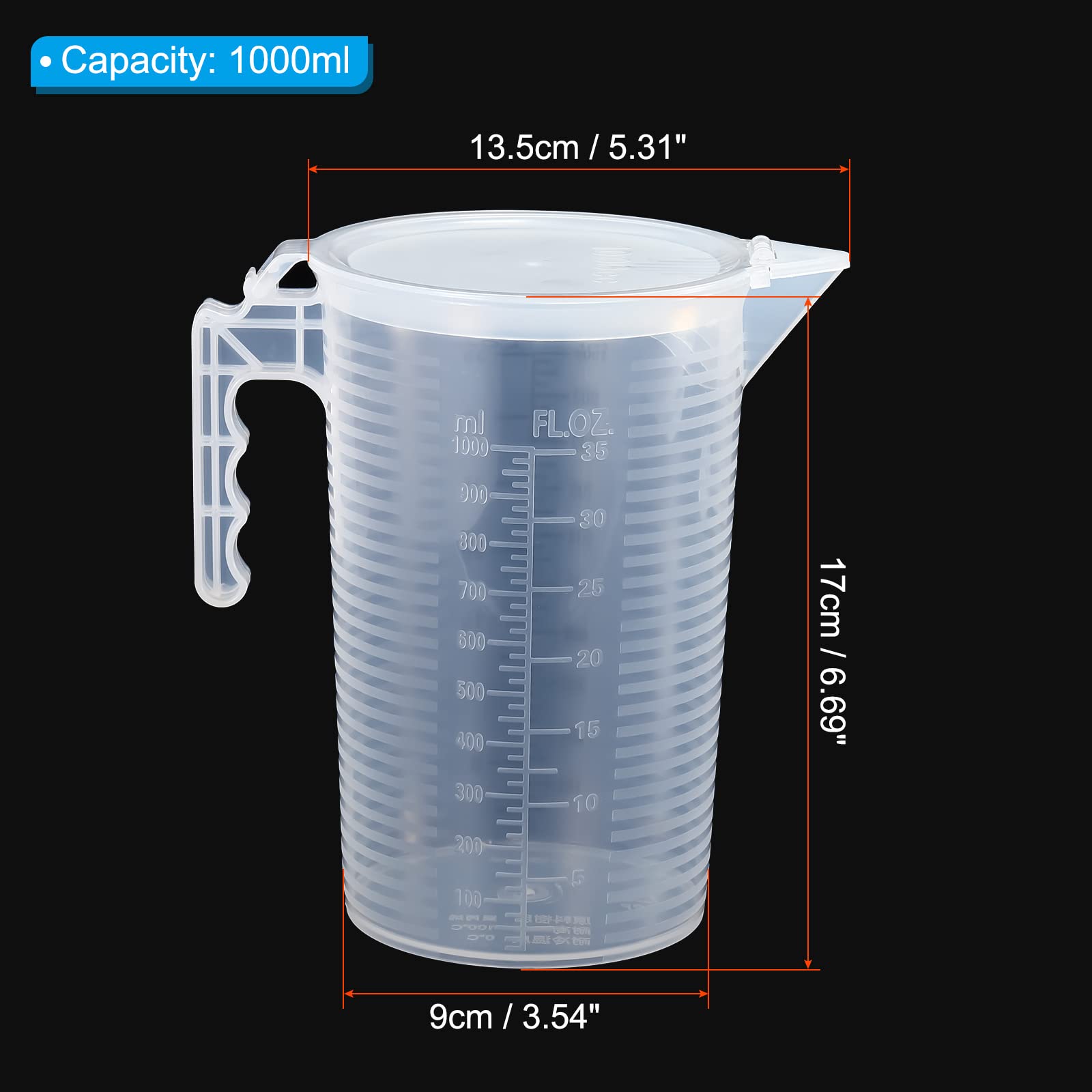 PATIKIL Graduated Beaker, 1000ml PP Plastic Liquid Measuring Cup Double Sided Black Graduations with Handle Lid and Spout for Lab Kitchen Home