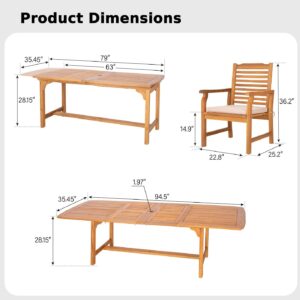 MFSTUDIO 7 Pieces Patio Dining Set, Outdoor Table Chairs Set for 6, 1 x Rectangular Expandable Acacia Wood Table, 6 x Wood Dinging Chairs with Removable Cushions for Garden, Backyard, Porch