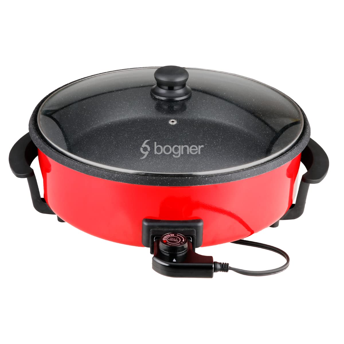 BOGNER Round electric frying pan with non-stick coating and glass lid. Large size 42 cm diameter, capacity 7.5 L. Easy to clean and use. Features removable temperature regulator.