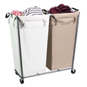 280l laundry cart with wheels, commercial large rolling laundry sorter, heavy duty divided 2 section laundry hamper with steel frame and removable bag for laundry room, bedroom,hotel mix color