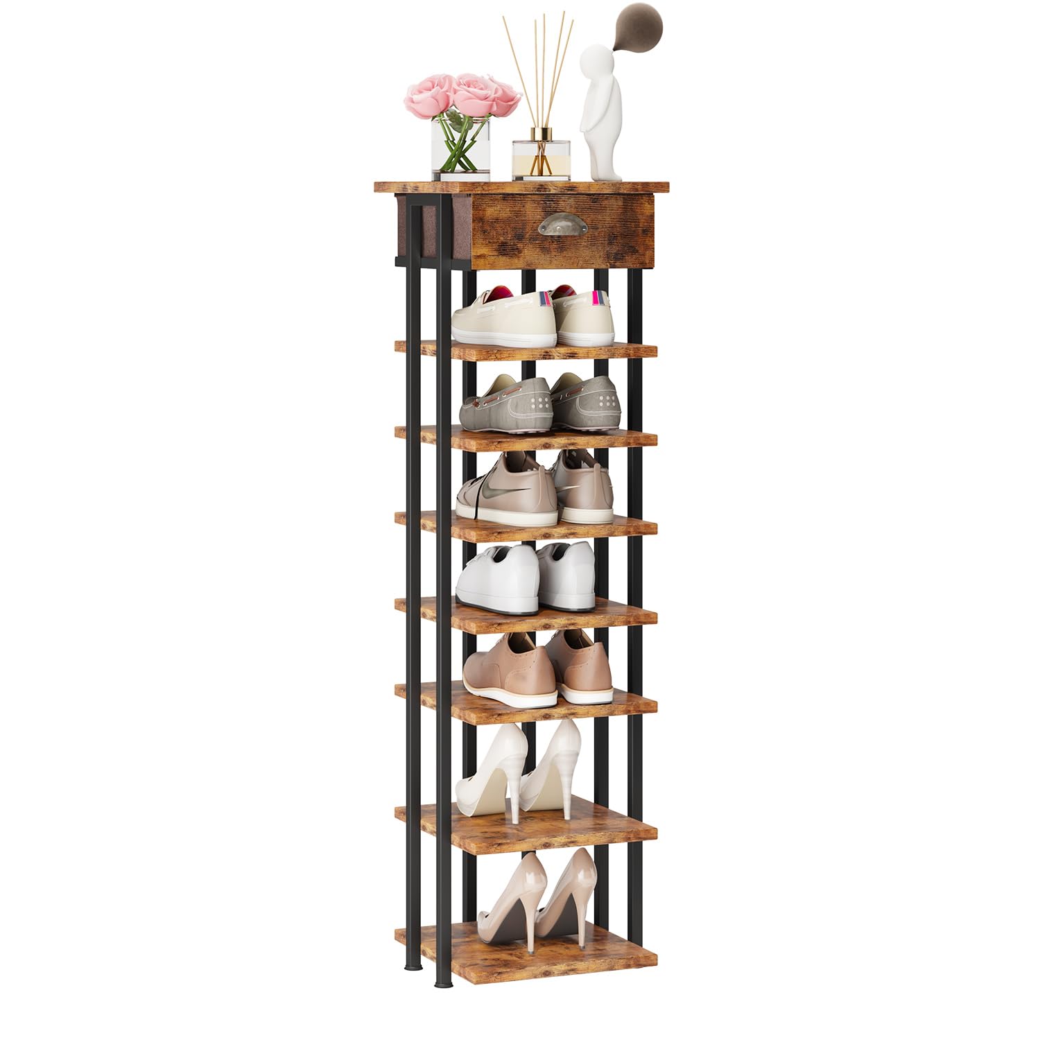 Homeiju Shoe Rack Organizer,8-Tier Vertical Shoe Rack,Wooden Shoes Rack for Entryway,Narrow Shoe Rack Shoes Storage Organizer with Wooden Top & Drawer for Entryway, Hallway,Rustic Brown