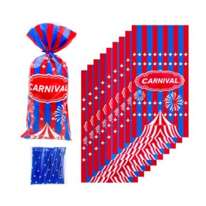 jayomoli carnival circus holiday plastic bags, 100pcs cellophane treat bags popcorn bag, candy cookie wrapping with twist ties for party favors supply