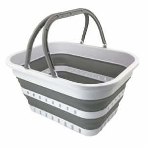 SAMMART Collpasible Shopping Basket 19L - Laundry Basket - Portable Outdoor Picnic Basket - Foldable Basket for Camping (White/Grey)