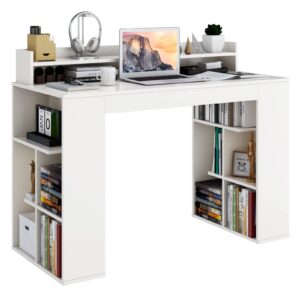 tangkula 48” white desk with storage bookshelf, home office computer desk with dual 3 tier bookshelf & monitor shelf, study writing desk with anti-tipping kit, executive desk for study & bedroom