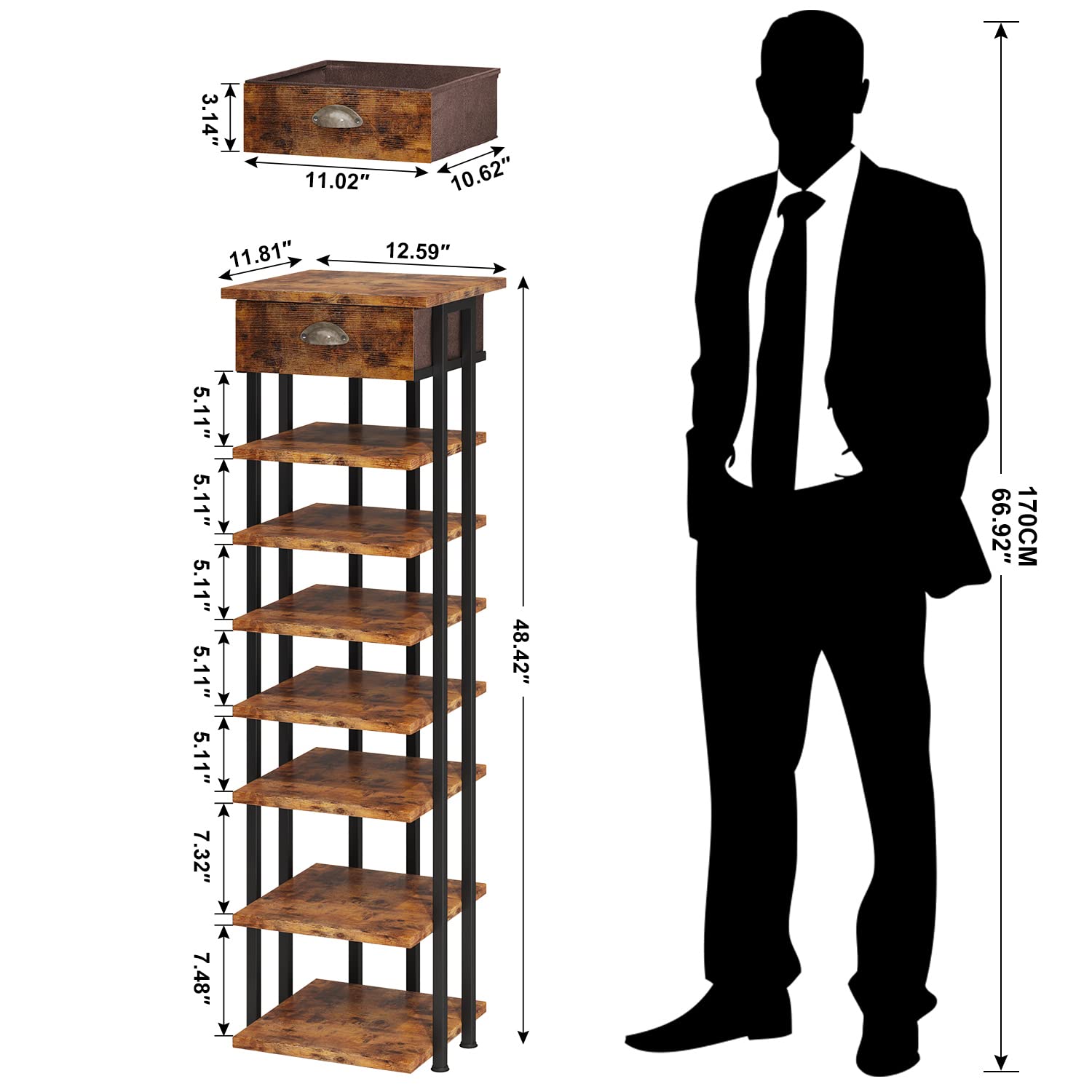 Homeiju Shoe Rack Organizer,8-Tier Vertical Shoe Rack,Wooden Shoes Rack for Entryway,Narrow Shoe Rack Shoes Storage Organizer with Wooden Top & Drawer for Entryway, Hallway,Rustic Brown