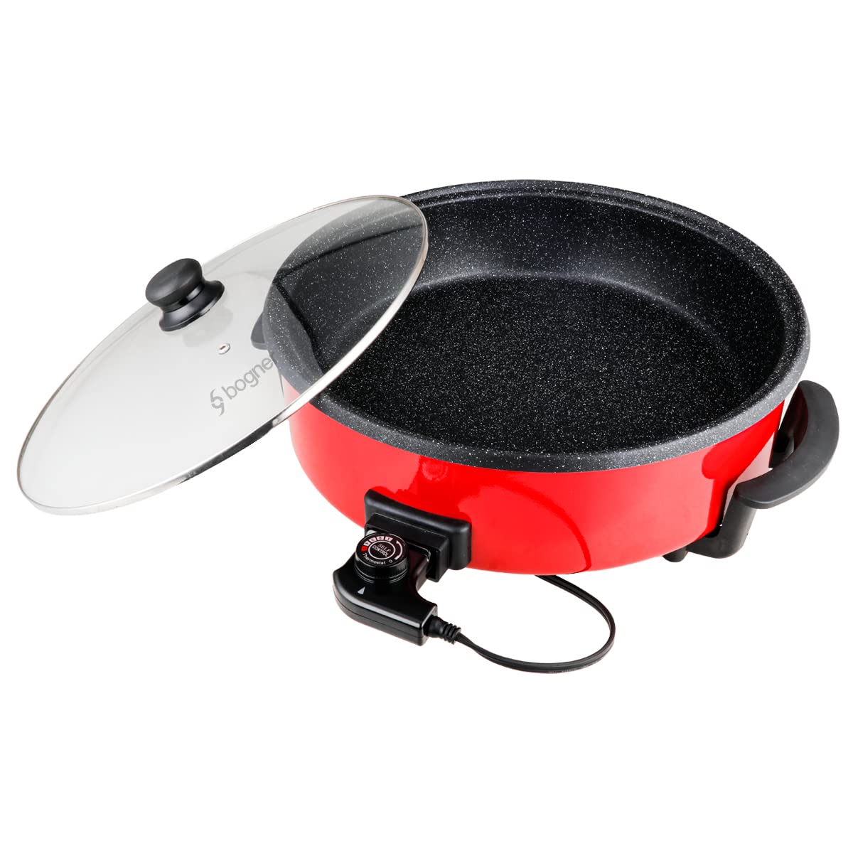 BOGNER Round electric frying pan with non-stick coating and glass lid. Large size 42 cm diameter, capacity 7.5 L. Easy to clean and use. Features removable temperature regulator.