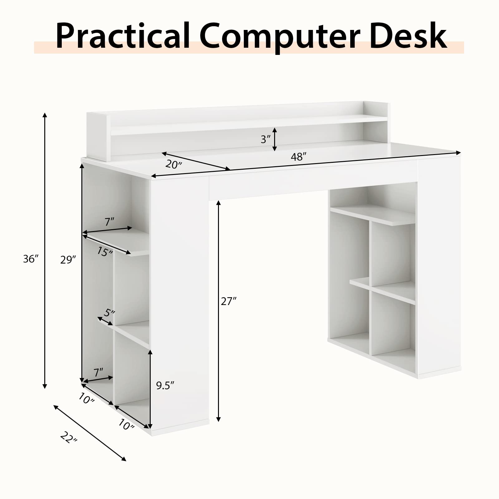 Tangkula 48” White Desk with Storage Bookshelf, Home Office Computer Desk with Dual 3 Tier Bookshelf & Monitor Shelf, Study Writing Desk with Anti-Tipping Kit, Executive Desk for Study & Bedroom