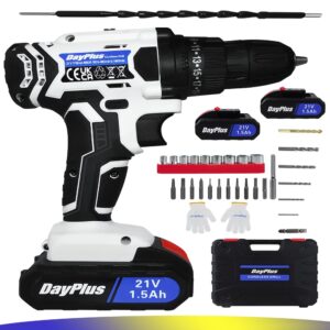 21v cordless power drill set 1/2'' keyless metal chuck, battery electric drill with fast charger, 25+1 torque setting portable power driven electric drill kit, 2 variable speed & led worklight