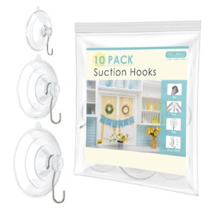 relbro suction cup hooks, 10 pcs clear suction cups with metal hooks combo set removable shower window glass door suction cup hangers for bathroom kitchen wreath - 4 large 4 medium 2 small