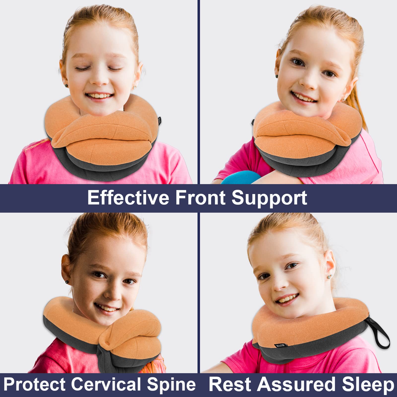 BUYUE Kids Travel Pillows for Airplane, 360° Head Support Sleeping Essentials for Boys Long Flight, Skin-Friendly Soft Neck Pillow for Traveling in Car Seat, (Small, Orange Grey, 40-100 lbs)