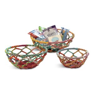 india handicrafts round set of 3 multi-colored jute baskets 13709