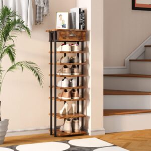 homeiju shoe rack organizer,8-tier vertical shoe rack,wooden shoes rack for entryway,narrow shoe rack shoes storage organizer with wooden top & drawer for entryway, hallway,rustic brown