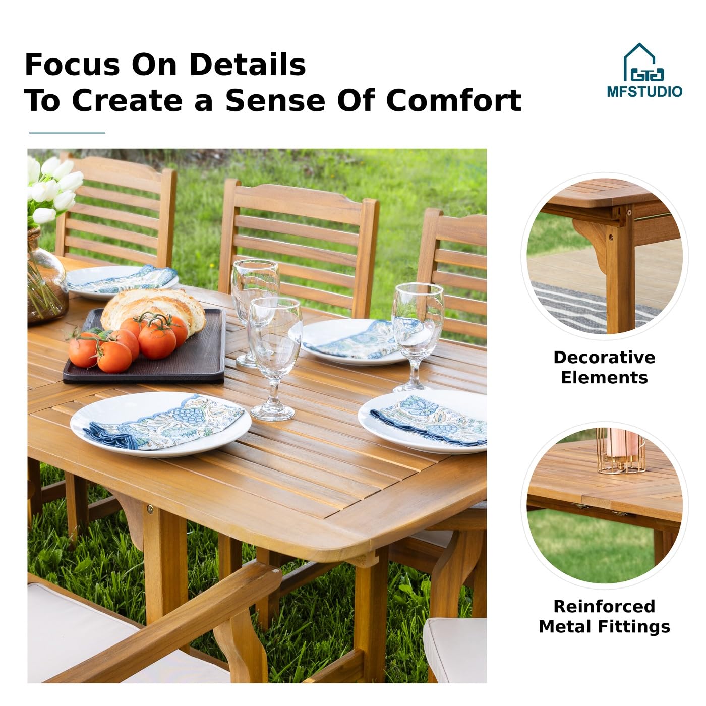 MFSTUDIO 7 Pieces Patio Dining Set, Outdoor Table Chairs Set for 6, 1 x Rectangular Expandable Acacia Wood Table, 6 x Wood Dinging Chairs with Removable Cushions for Garden, Backyard, Porch