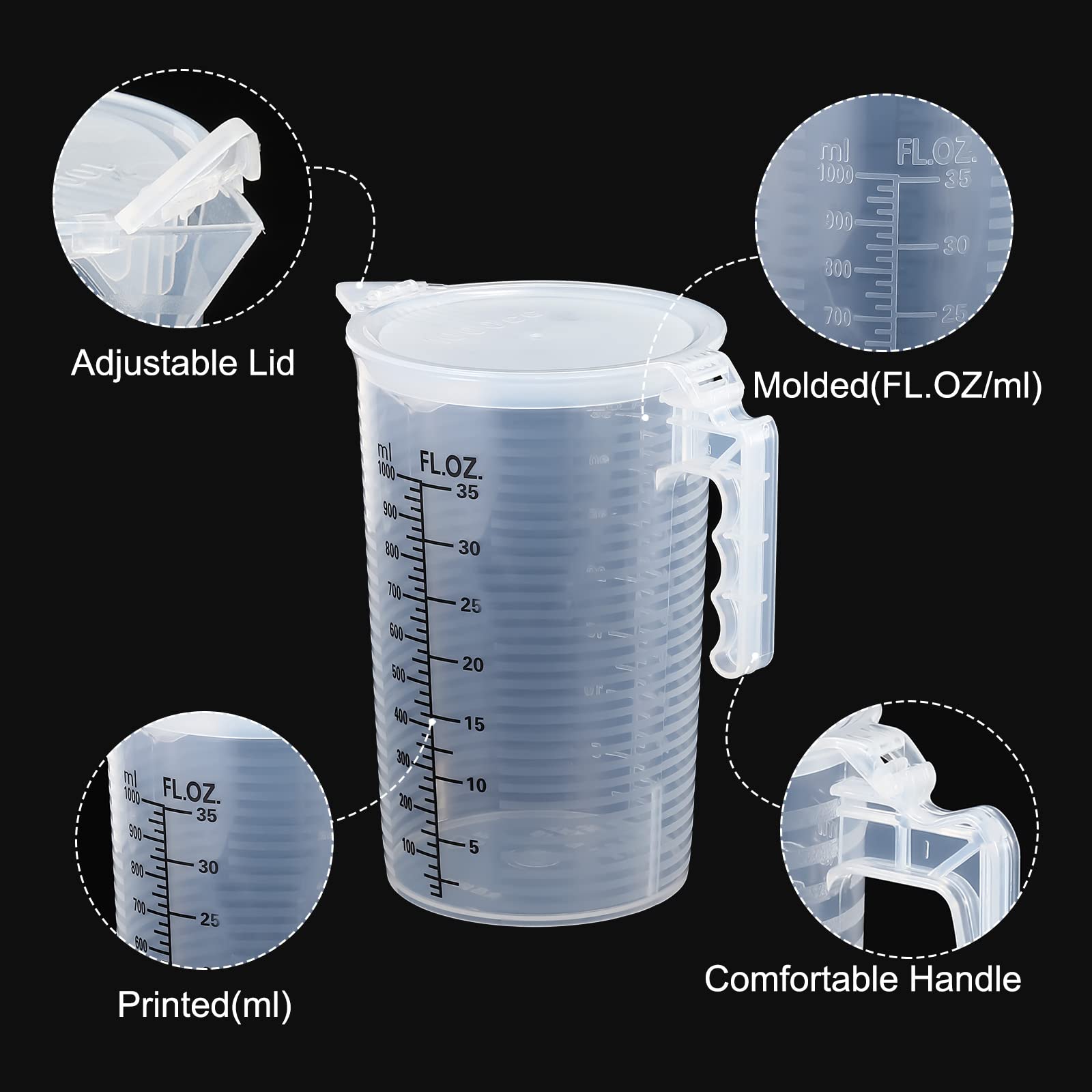 PATIKIL Graduated Beaker, 1000ml PP Plastic Liquid Measuring Cup Double Sided Black Graduations with Handle Lid and Spout for Lab Kitchen Home