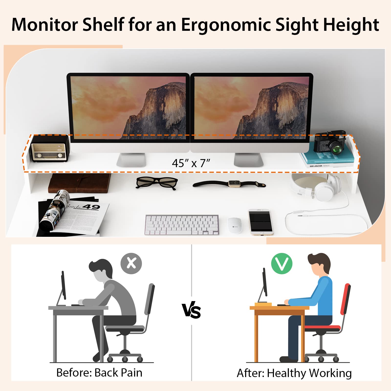 Tangkula 48” White Desk with Storage Bookshelf, Home Office Computer Desk with Dual 3 Tier Bookshelf & Monitor Shelf, Study Writing Desk with Anti-Tipping Kit, Executive Desk for Study & Bedroom