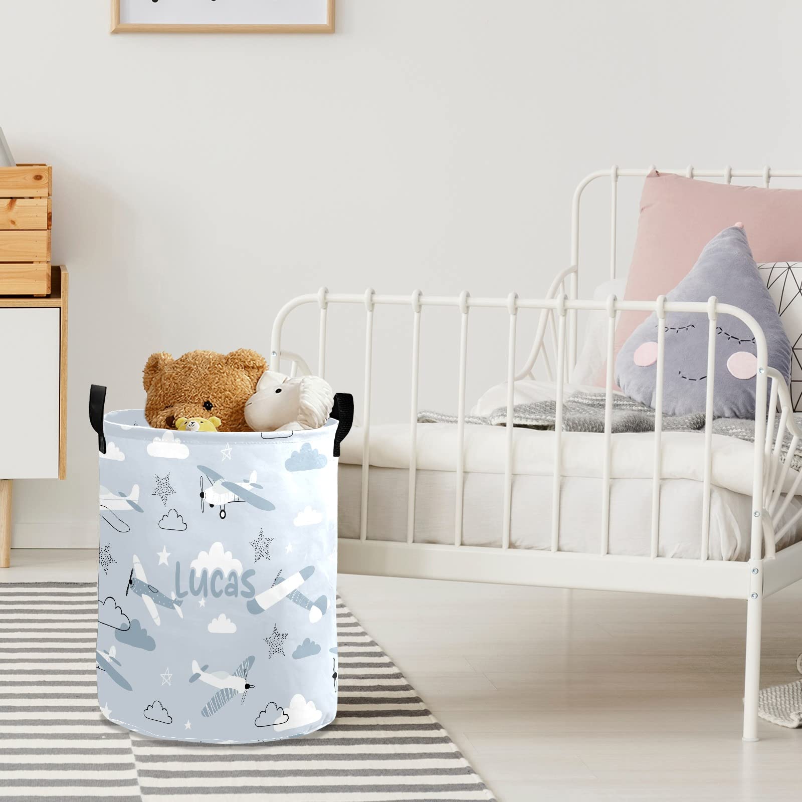 Airplane Blue Personalized Laundry Basket Hamper,Collapsible Storage Baskets with Handles for Room,Clothes, Nursery Decor