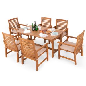 MFSTUDIO 7 Pieces Patio Dining Set, Outdoor Table Chairs Set for 6, 1 x Rectangular Expandable Acacia Wood Table, 6 x Wood Dinging Chairs with Removable Cushions for Garden, Backyard, Porch