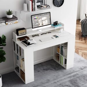 Tangkula 48” White Desk with Storage Bookshelf, Home Office Computer Desk with Dual 3 Tier Bookshelf & Monitor Shelf, Study Writing Desk with Anti-Tipping Kit, Executive Desk for Study & Bedroom