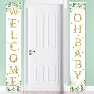 sage greenery oh baby hanging porch sign for baby shower party decorations green eucalyptus leaves welcome oh baby door banner for boys girls gender reveal theme party supplies indoor outdoor