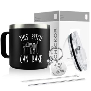 chickor gifts for baker, funny baking gifts for girls, women who love to bake, best friend bakers gifts - 14oz coffee mug/tumbler set with straw andg/baking keychain