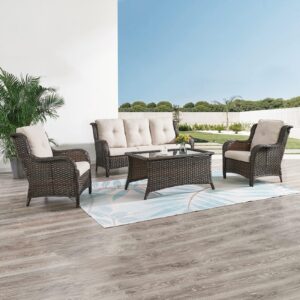 hummuh outdoor furniture 4 pieces patio furniture set wicker outdoor sectional sofa with 2 patio chairs,coffee table(grey/grey)