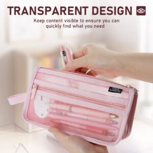 Four Candies Grid Mesh Pencil Case with Handle and Zipper, Clear Double-layer Pencil Pouch Marker Pouch, Travel Makeup Bag, Cute Transparent Stationary Organizer Pen Bag for Adult Office College