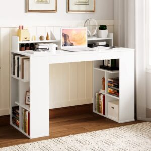 Tangkula 48” White Desk with Storage Bookshelf, Home Office Computer Desk with Dual 3 Tier Bookshelf & Monitor Shelf, Study Writing Desk with Anti-Tipping Kit, Executive Desk for Study & Bedroom