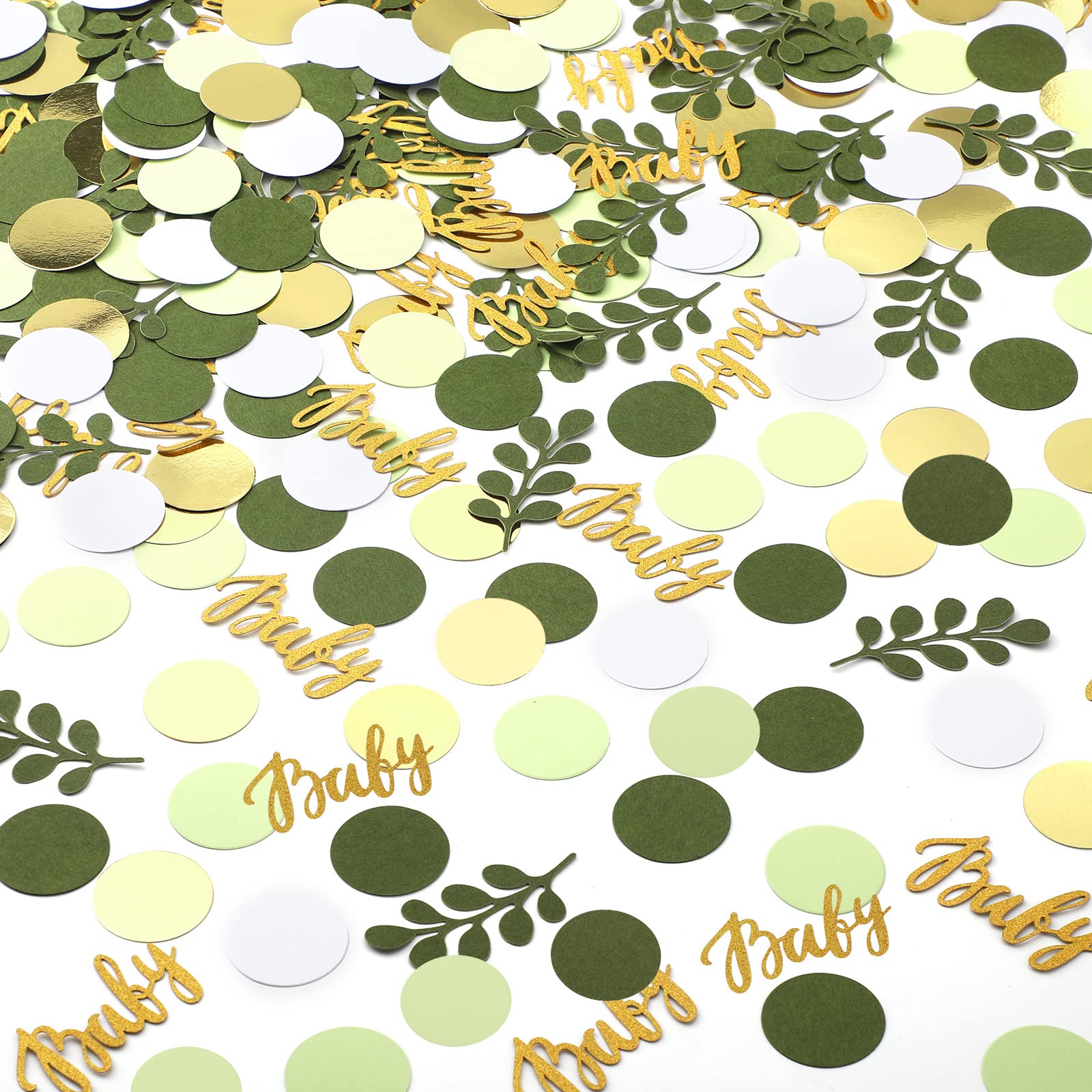 400 Pcs Greenery Baby Shower Confetti Scatter Decorations, Green Brown White Table Confetti Dots with Eucalyptus and Gold Baby Confetti Scatter for Baby Shower Gender Reveal Decor