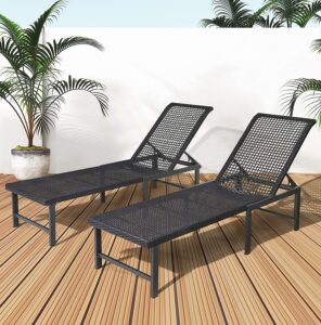 outdoor chaise lounge chair set of 2, rattan pool chairs with adjustable backrest, rustproof aluminum frame tanning chair, for poolside, backyard, lawn, deck, dark grey