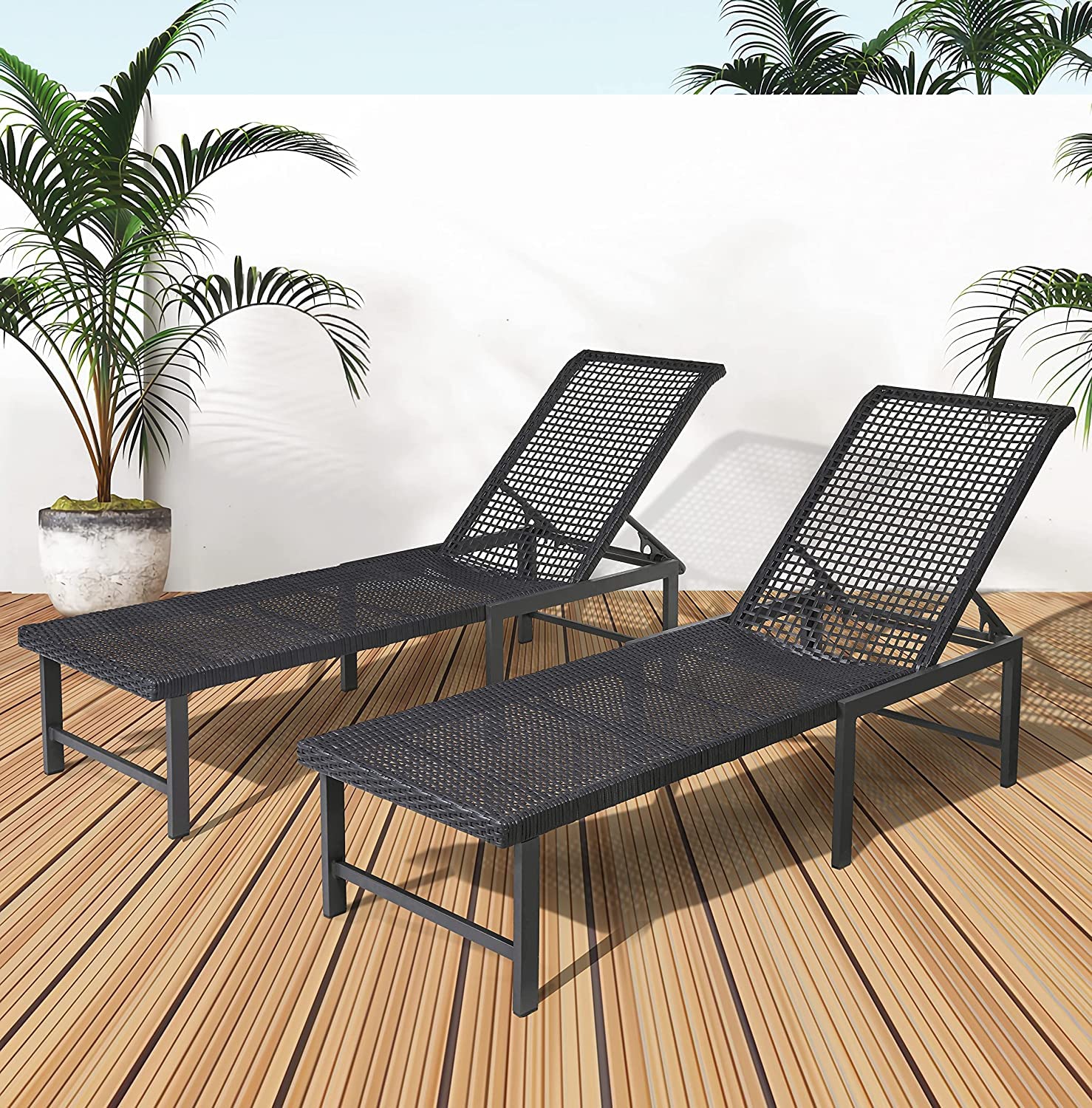 Outdoor Chaise Lounge Chair Set of 2, Rattan Pool Chairs with Adjustable Backrest, Rustproof Aluminum Frame Tanning Chair, for Poolside, Backyard, Lawn, Deck, Dark Grey