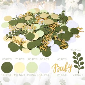 400 Pcs Greenery Baby Shower Confetti Scatter Decorations, Green Brown White Table Confetti Dots with Eucalyptus and Gold Baby Confetti Scatter for Baby Shower Gender Reveal Decor