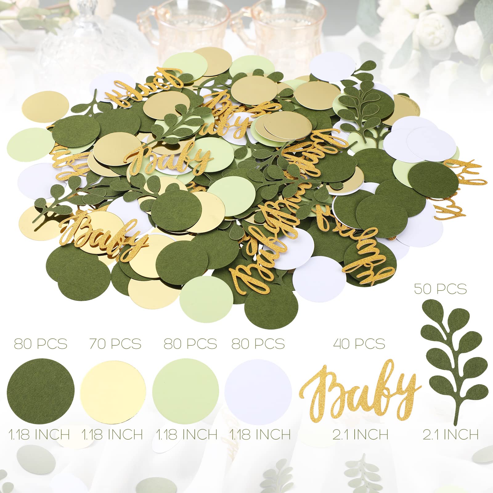 400 Pcs Greenery Baby Shower Confetti Scatter Decorations, Green Brown White Table Confetti Dots with Eucalyptus and Gold Baby Confetti Scatter for Baby Shower Gender Reveal Decor