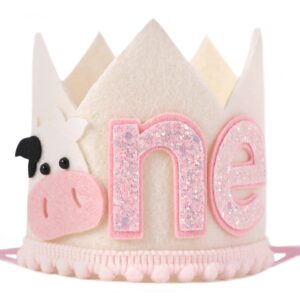 cowgirl 1st birthday crown for girls - farm party decorations, western hat, holy cow i am one decor, pink